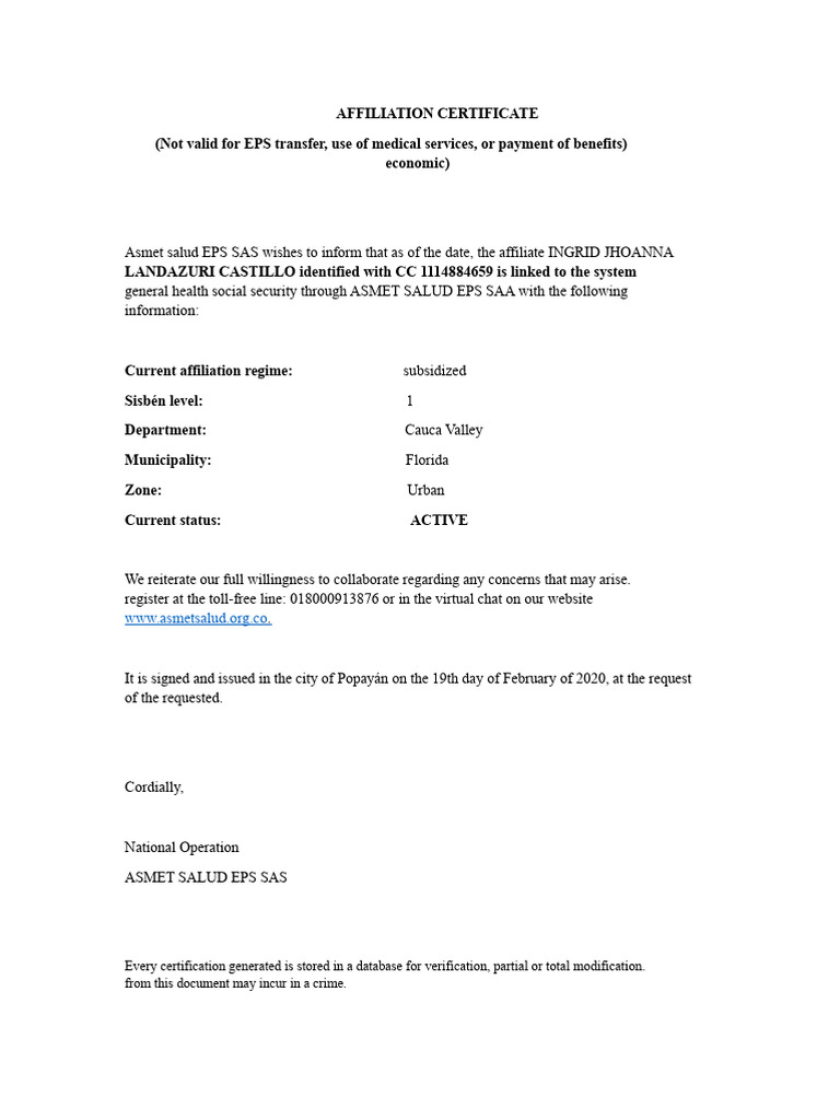 Certificate of Affiliation Asmet Salud | PDF