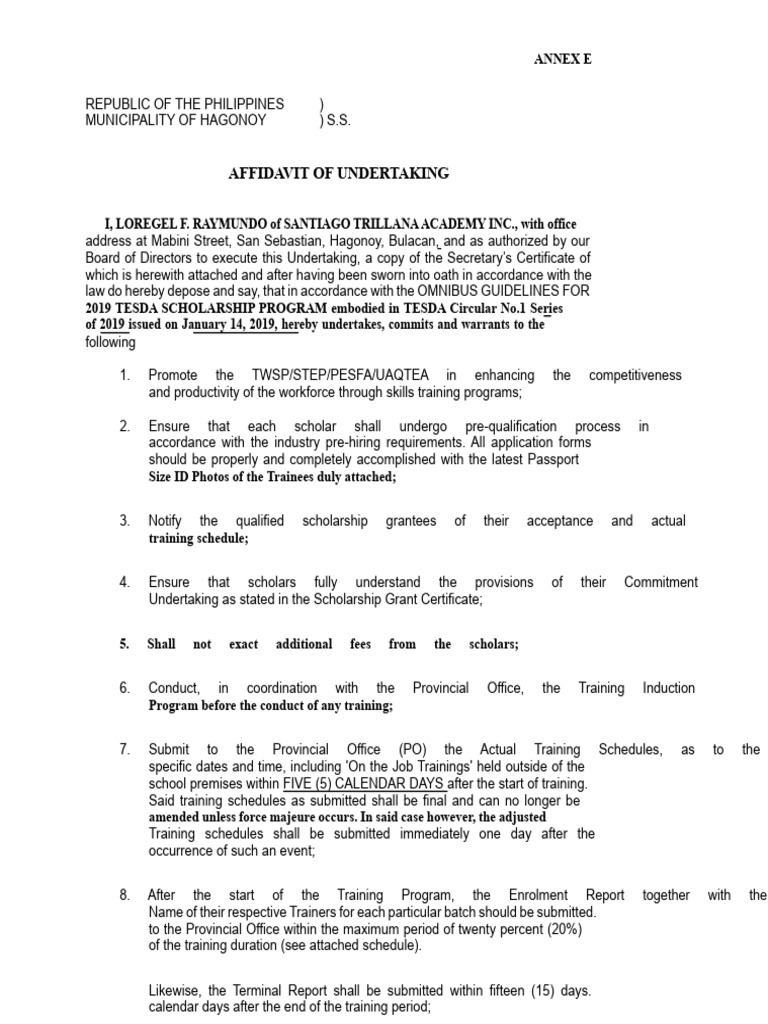 Annex E Affidavit of Undertaking 2019 Scholarships | PDF | Audit | Affidavit