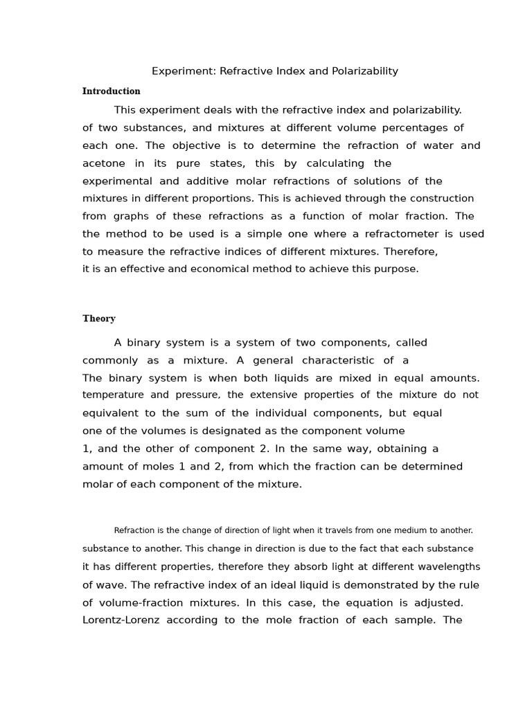 Acetone Refractive Index Analysis | PDF | Refractive Index | Mixture