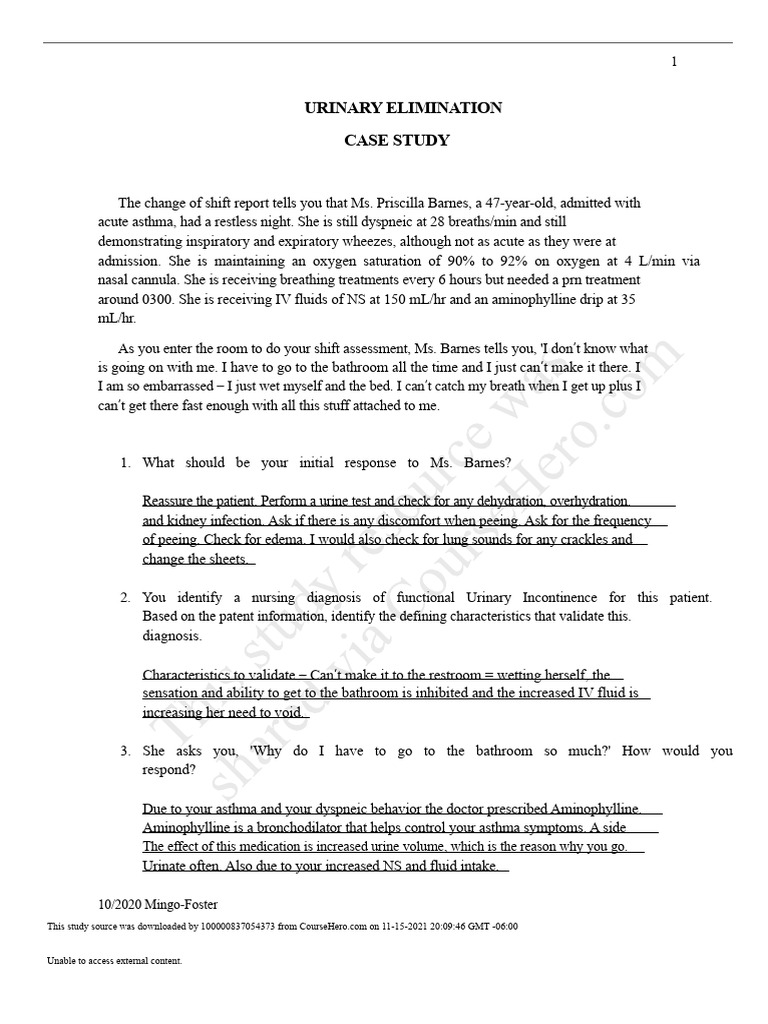 Case Study: Urinary Elimination | PDF | Urinary Tract Infection ...