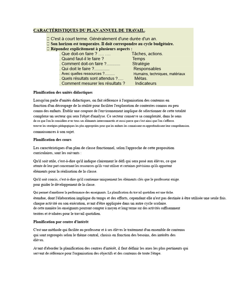 Plan annuel de travail : caractéristiques clés | PDF | Planification ...