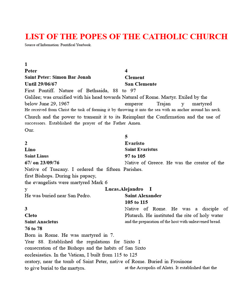 List of The Popes of The Catholic Church | PDF | Pope | Rome