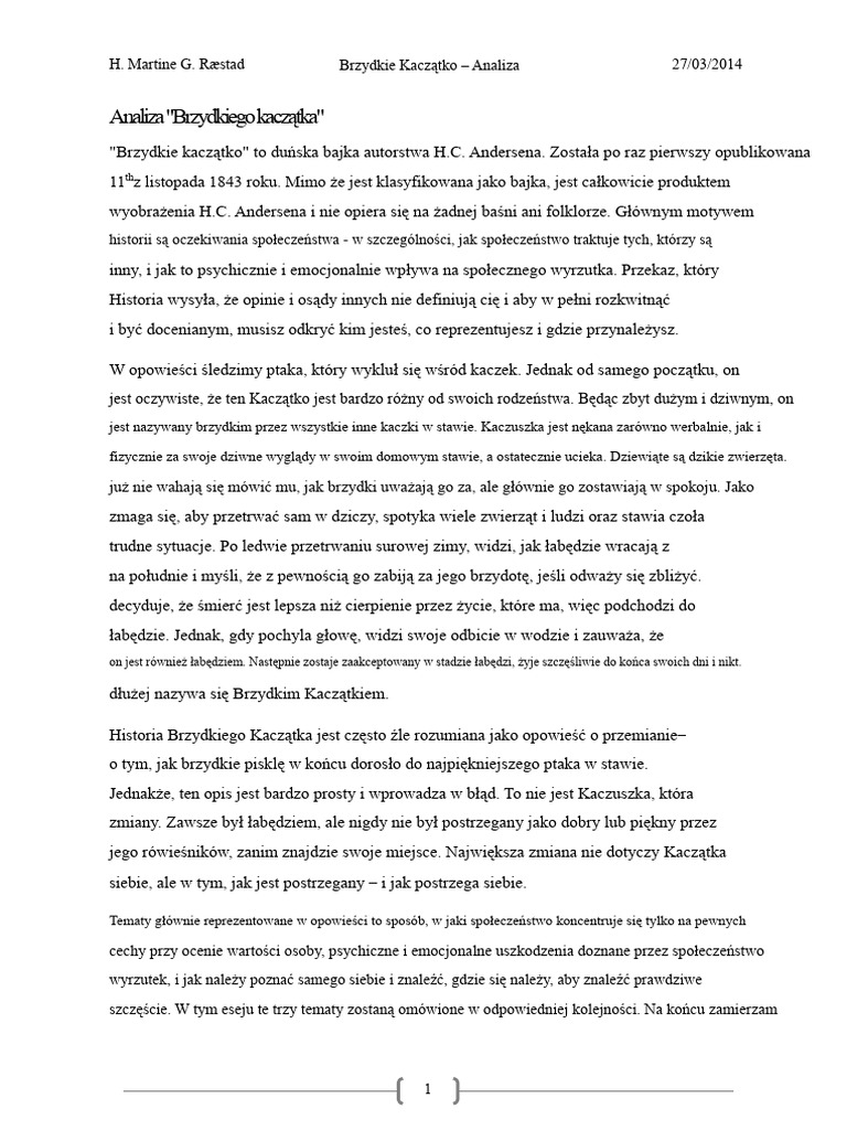 Esej Po Angielsku - Analiza Brzydkiego Kaczątka | PDF