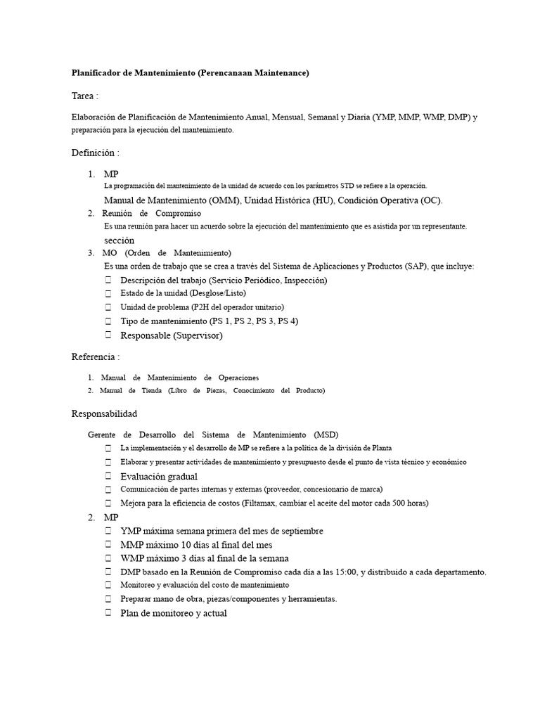 SOP MP (Planificador de Mantenimiento) | PDF