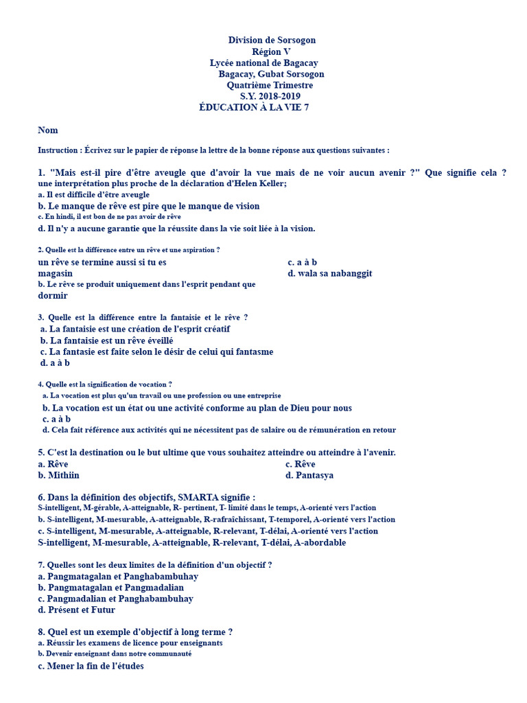 Éducation à la Vie 7 : Questions et Réponses | PDF | Rêve