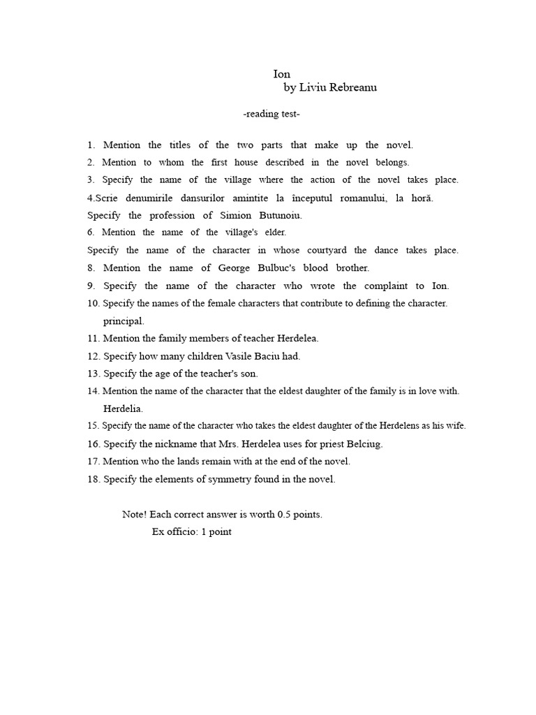 Ion by Liviu Rebreanu Reading Test | PDF