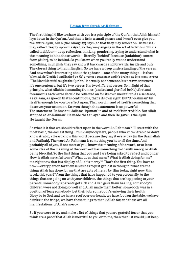 Lessons From Surah Ar Rahman | PDF | God In Islam | Quran