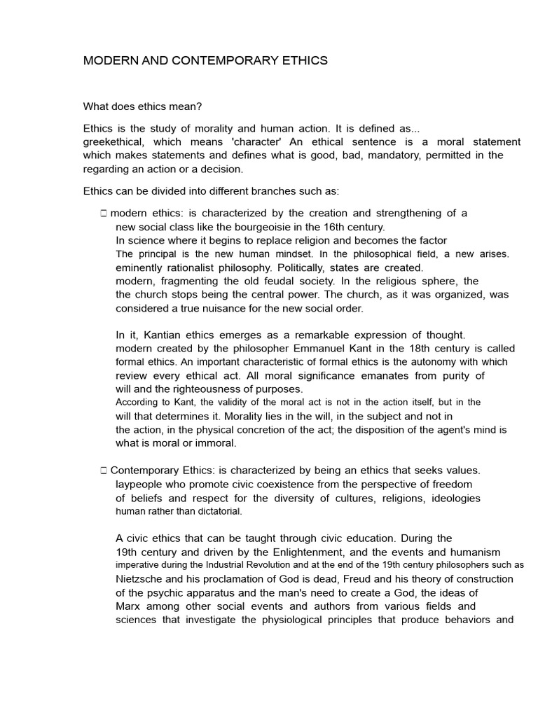 Modern and Contemporary Ethics Overview | PDF | Immanuel Kant | Humanism