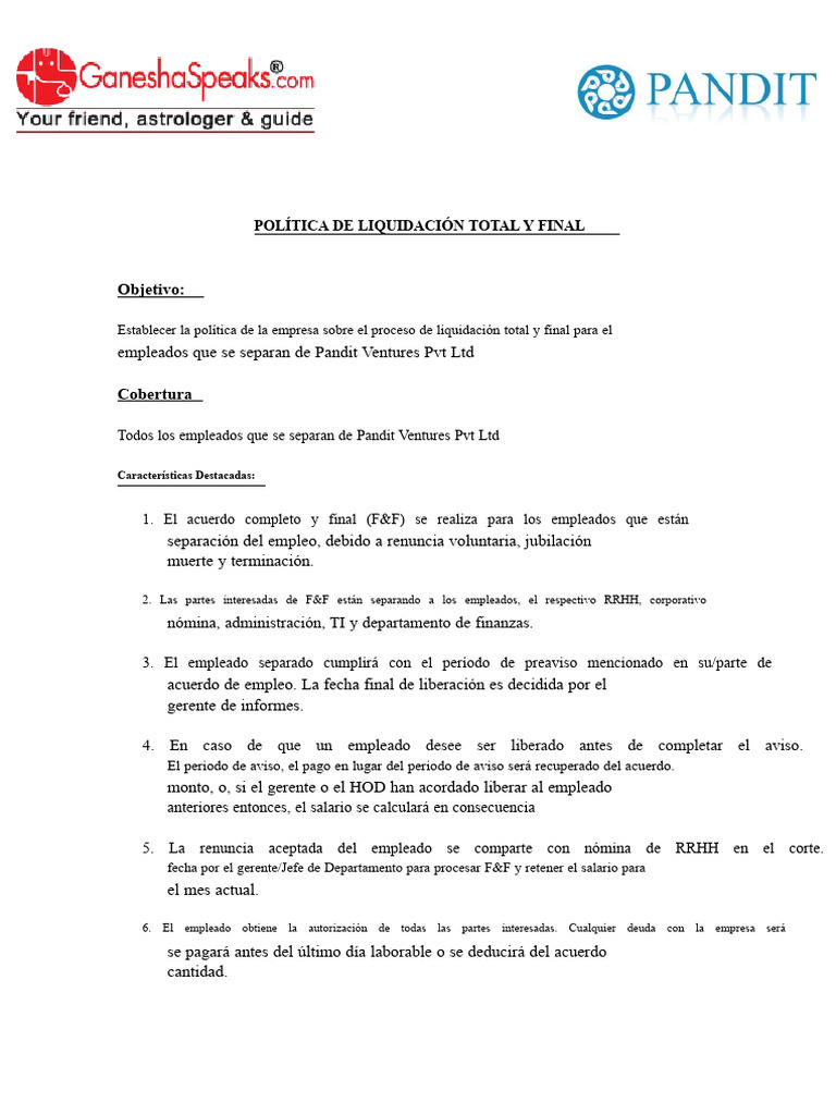 Política de Liquidación Completa y Final | PDF | Gestión de recursos ...