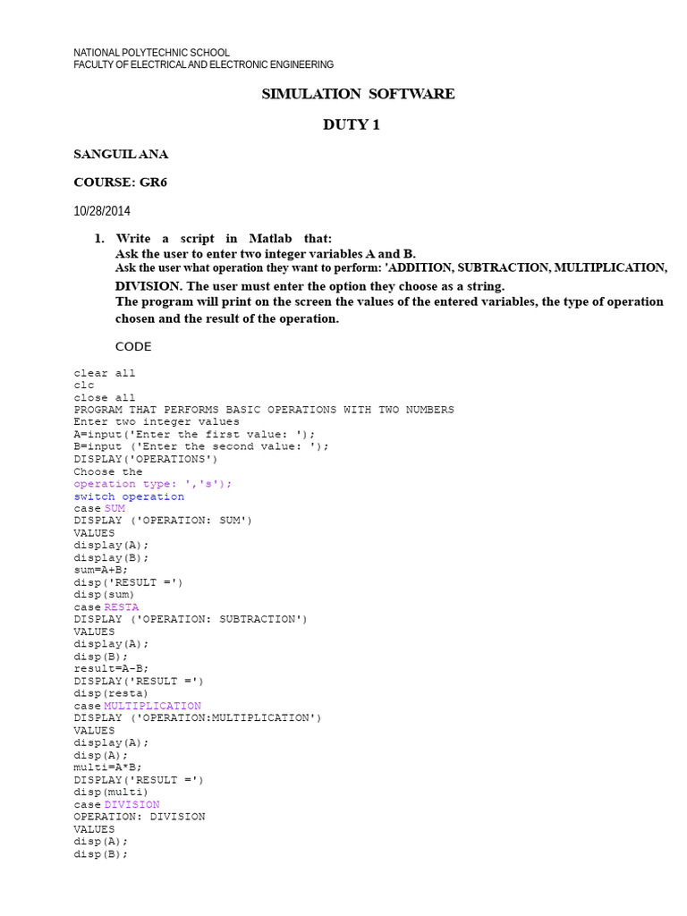 SUM, SUBTRACT, MULTIPLICATION, DIVISION in Matlab | PDF | Matlab | Software Engineering