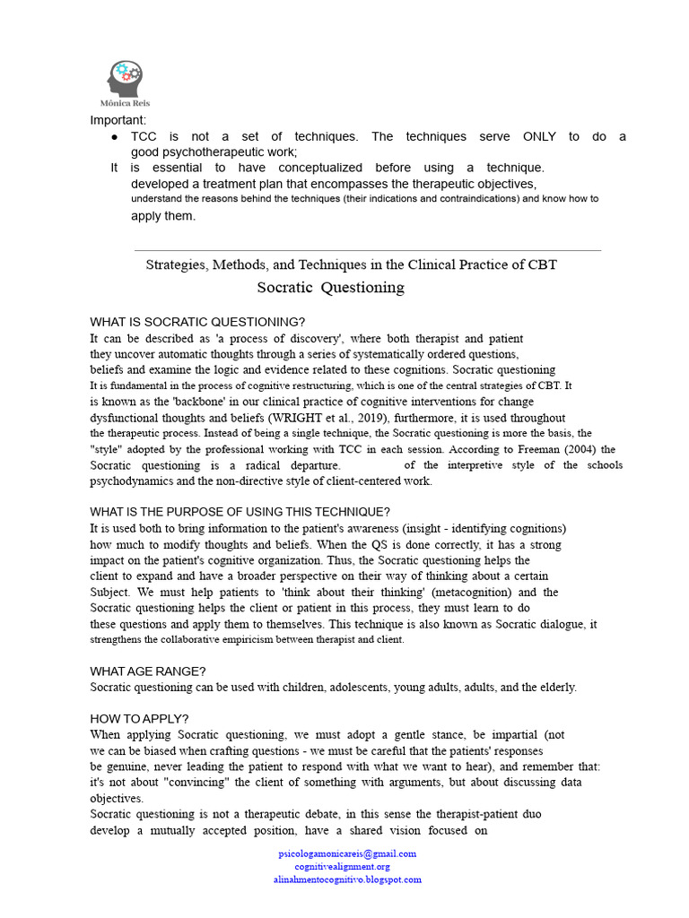 Socratic Questioning in CBT Explained | PDF | Cognitive Behavioral ...