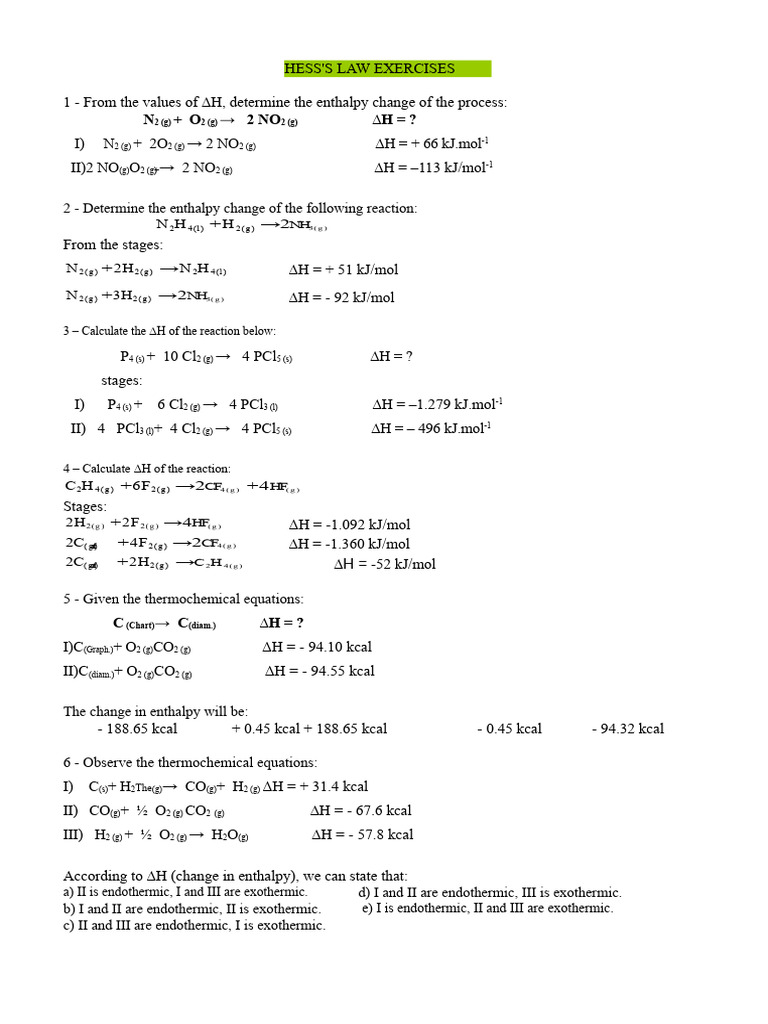 Hess's Law Exercises and Calculations | PDF