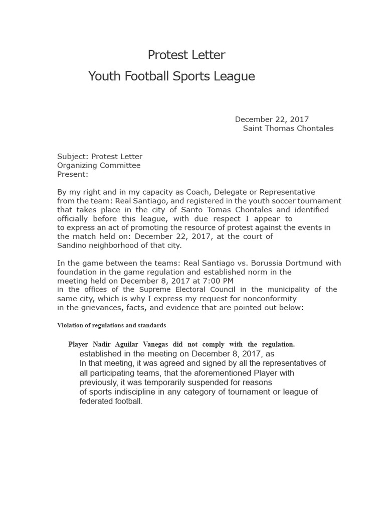 Youth Football Protest Letter Template | PDF