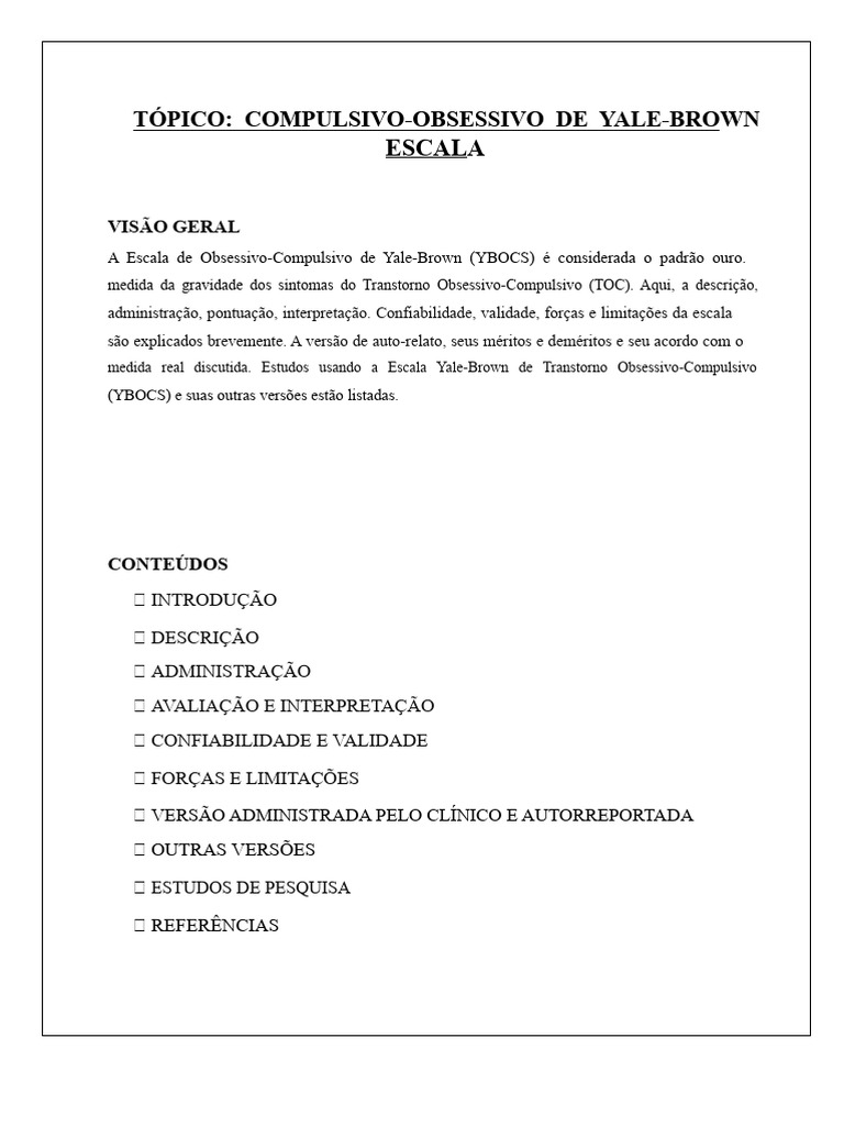 Escala de Obsessivo-Compulsivo de Yale-Brown | PDF | Transtorno obsessivo compulsivo (TOC ...