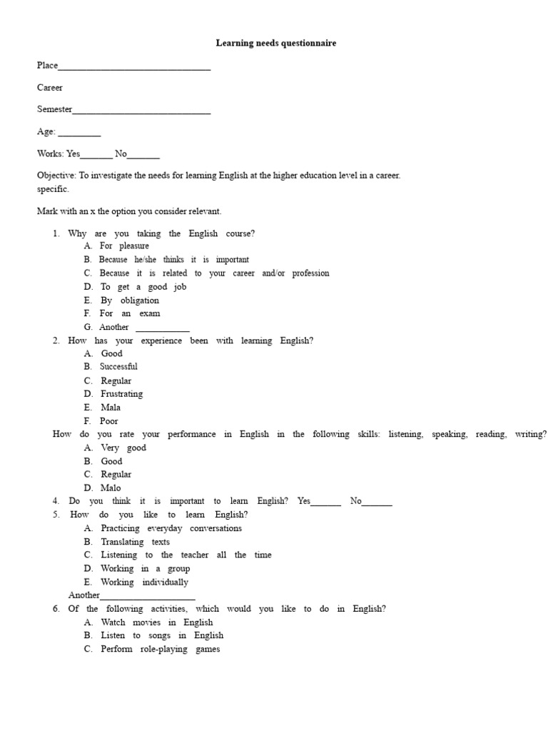 English Learning Needs Assessment | PDF | English Language | Experience