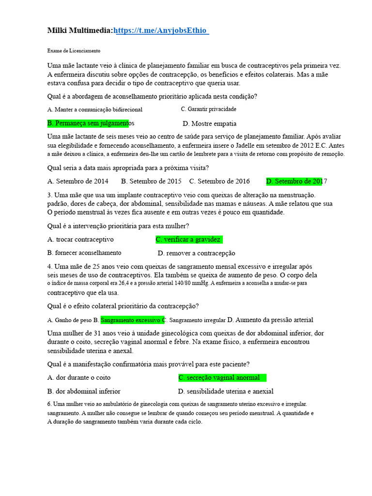 Exame COC BSC Enfermagem 18 | PDF | Enfermagem | Anticoncepcionais