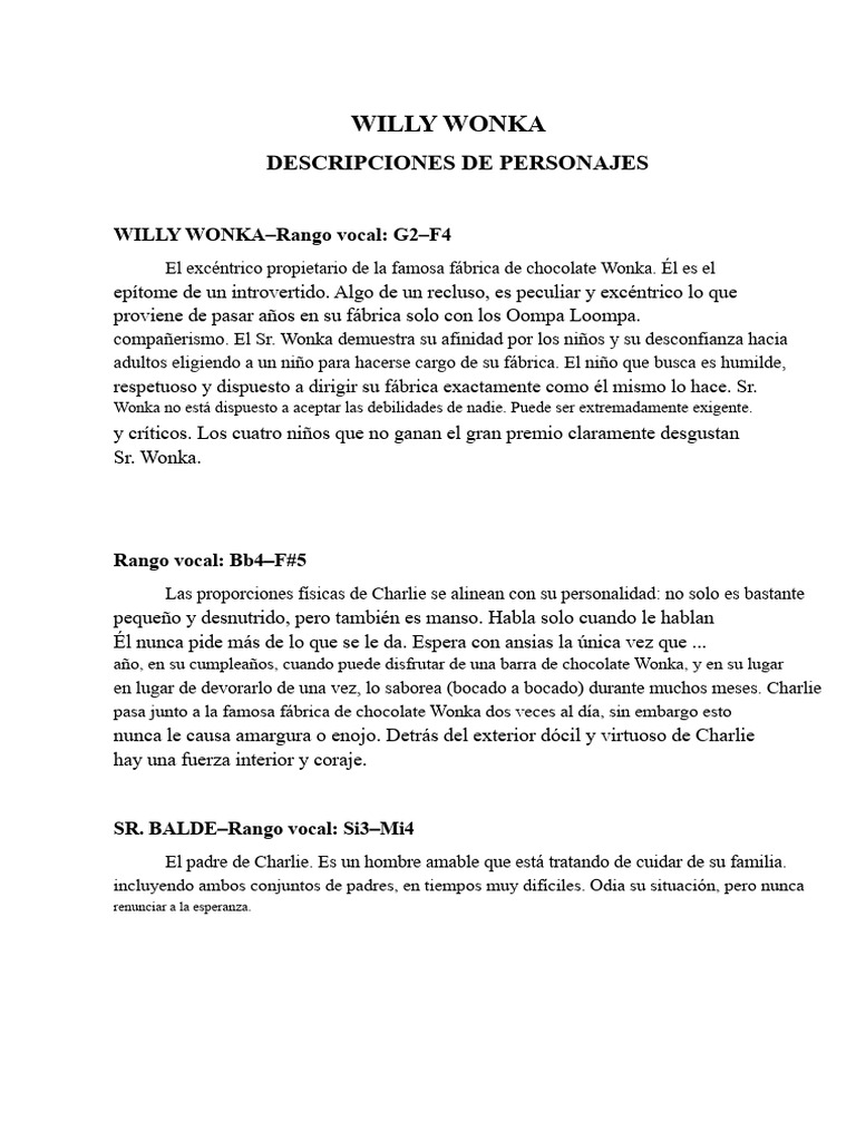 Descripciones de Personajes de Willy Wonka | PDF