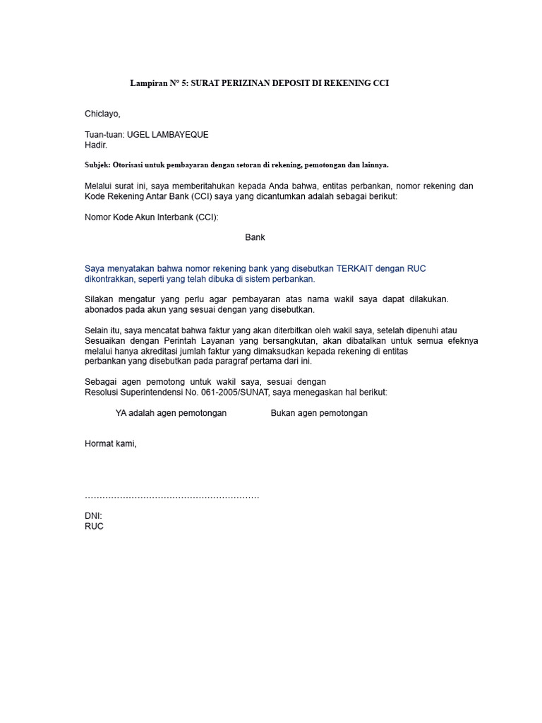 Surat Otorisasi Setoran Ke Rekening - Cci | PDF