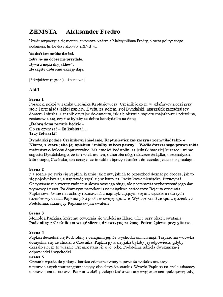 Zemsta Szczegółowe Streszczenie 1 | PDF