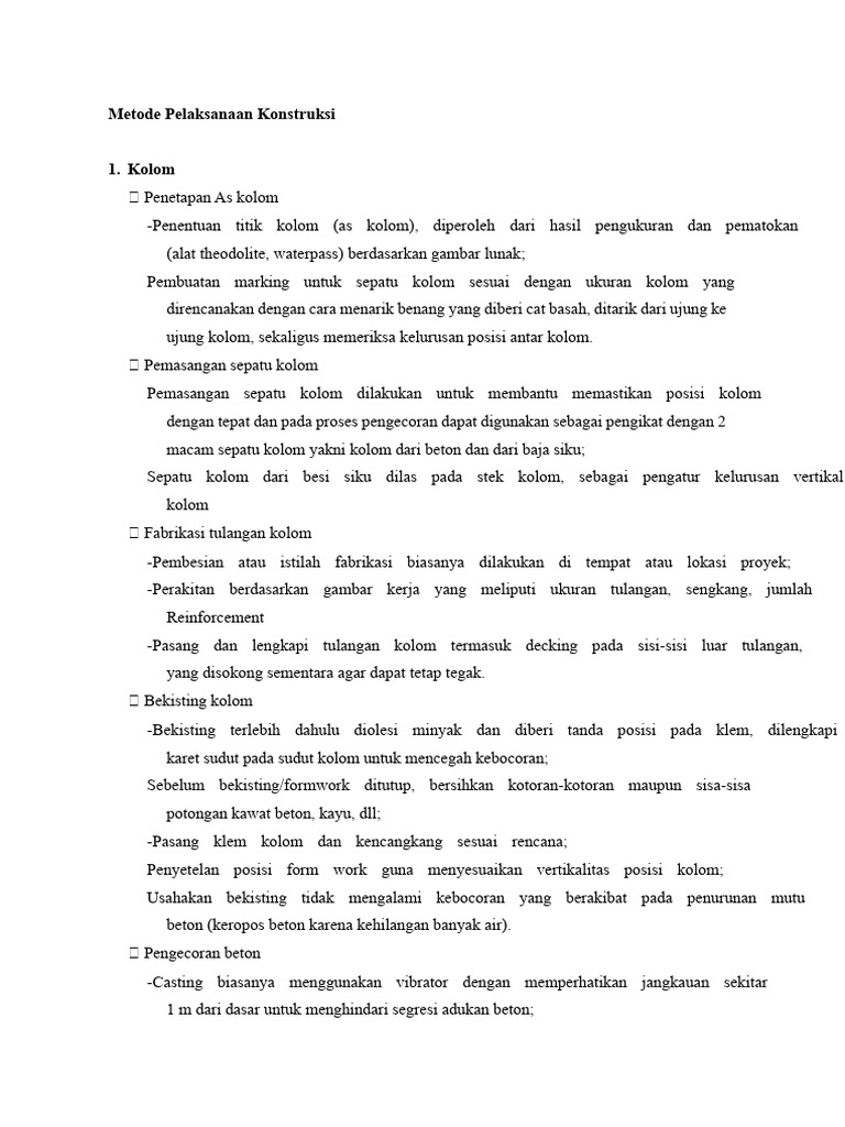 Metode Pelaksanaan Konstruksi Kolom, Balok, Dan Plat Lantai | PDF