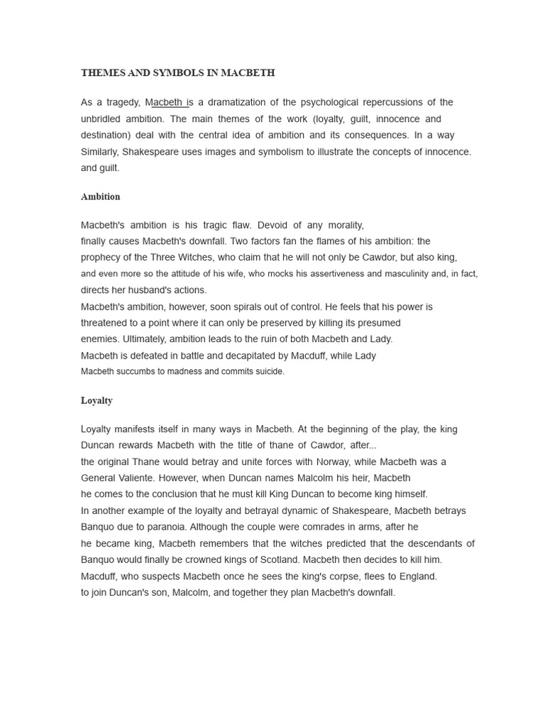 Themes and Symbols in Macbeth | PDF | Macbeth | Shakespearean Tragedies