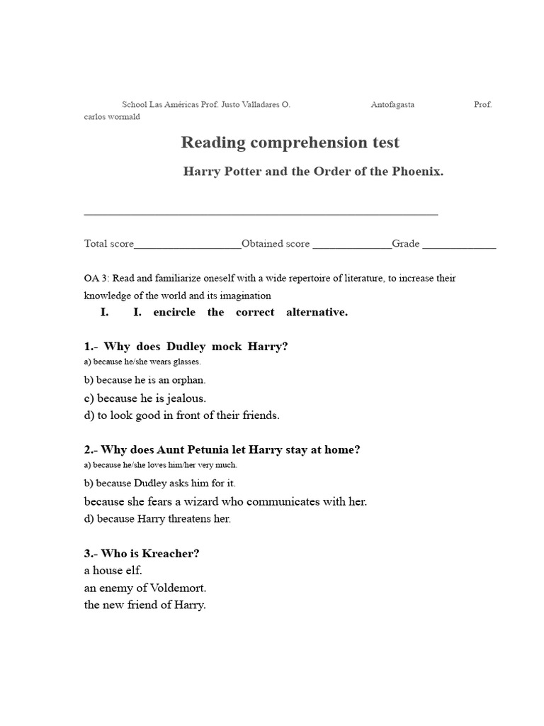 Reading Comprehension: Harry Potter Test | PDF | Harry Potter | J. K ...