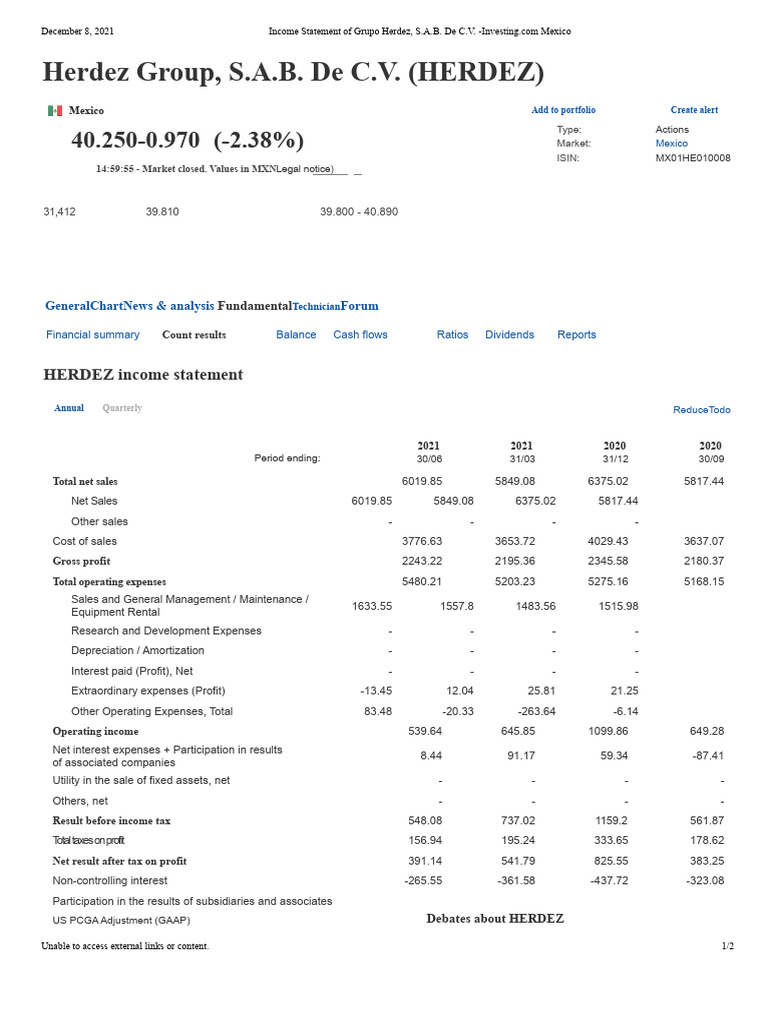 Income Statement of Grupo Herdez, S.A.B. de C.V. - Investing - Com ...