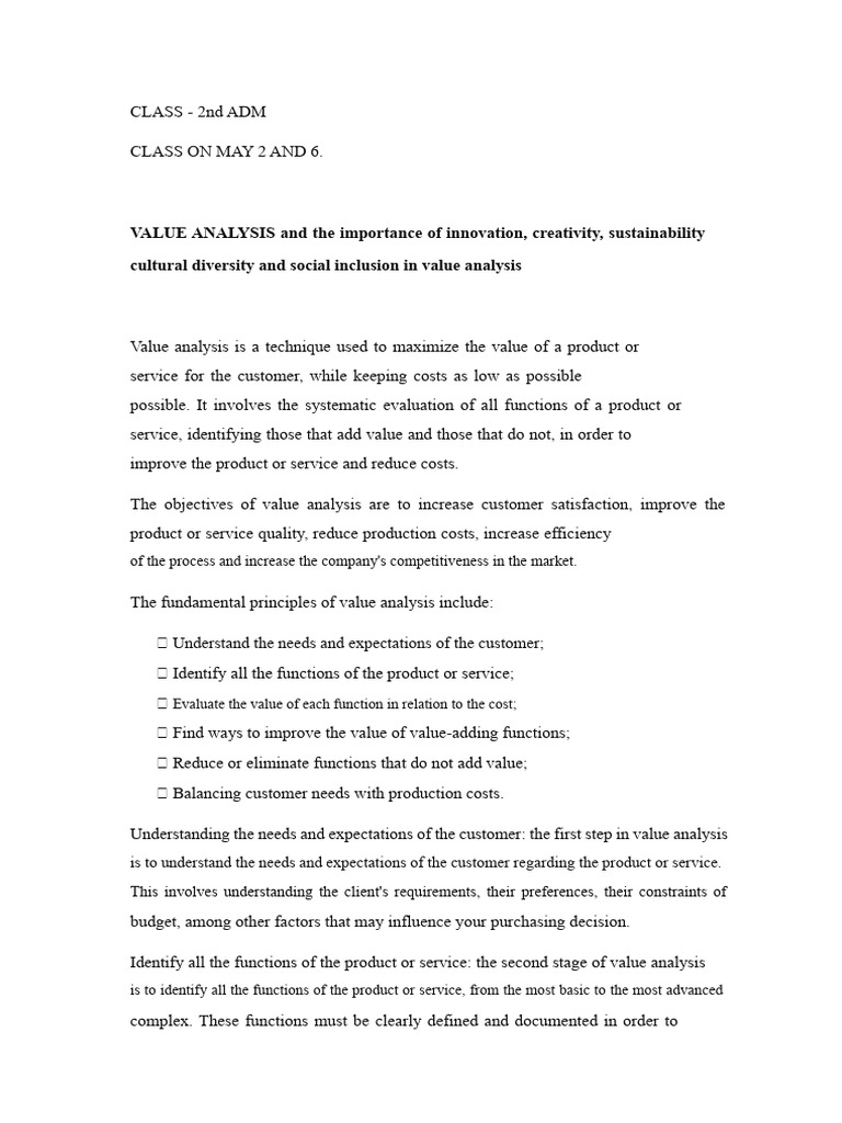 VALUE ANALYSIS and Importance of Innovation, Creativity, Sustainability, Cultural Diversity, and ...