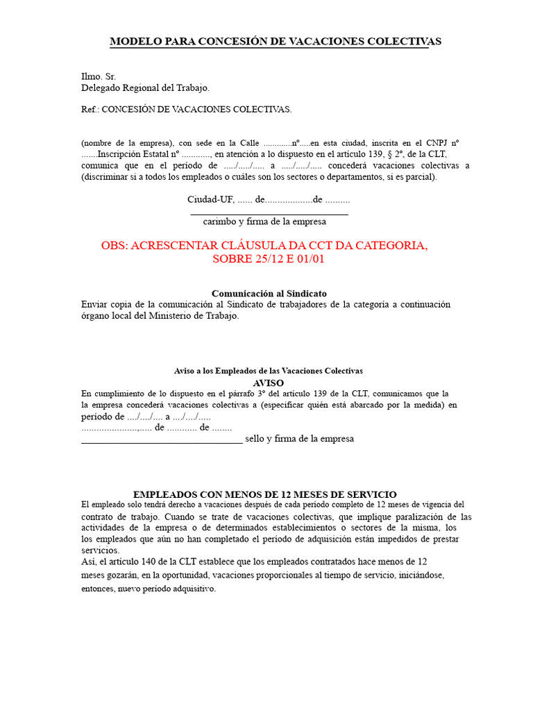 29 Modelo de Acuerdo para Vacaciones Colectivas | PDF