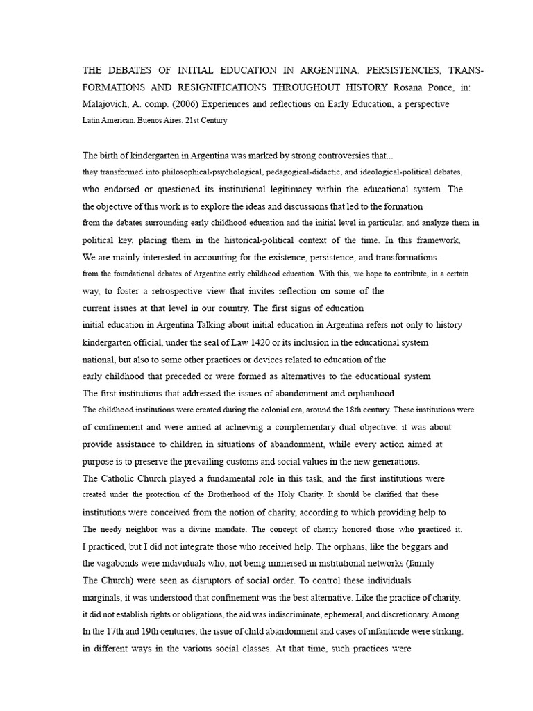 The Debates On Early Childhood Education in Argentina. Persistences ...