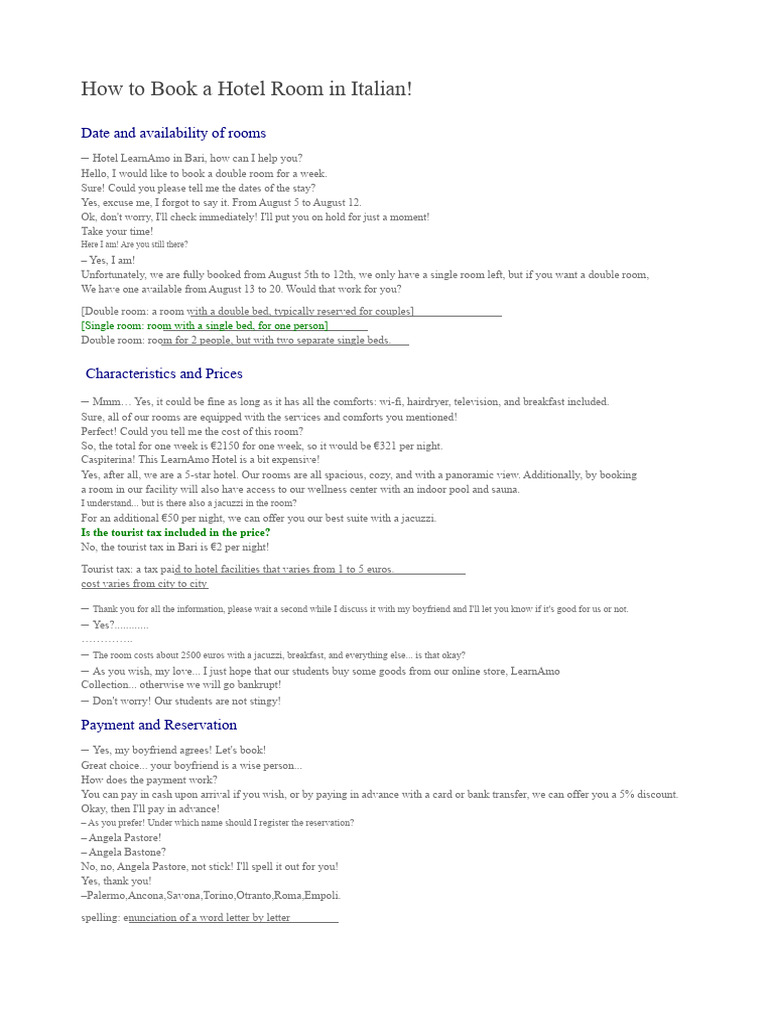 How To Book A Hotel Room in Italian | PDF