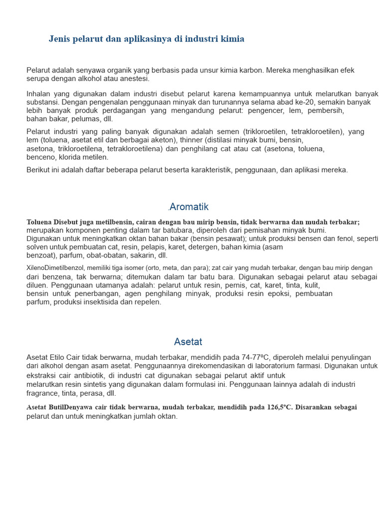 Jenis Pelarut dan Aplikasinya di Industri | PDF