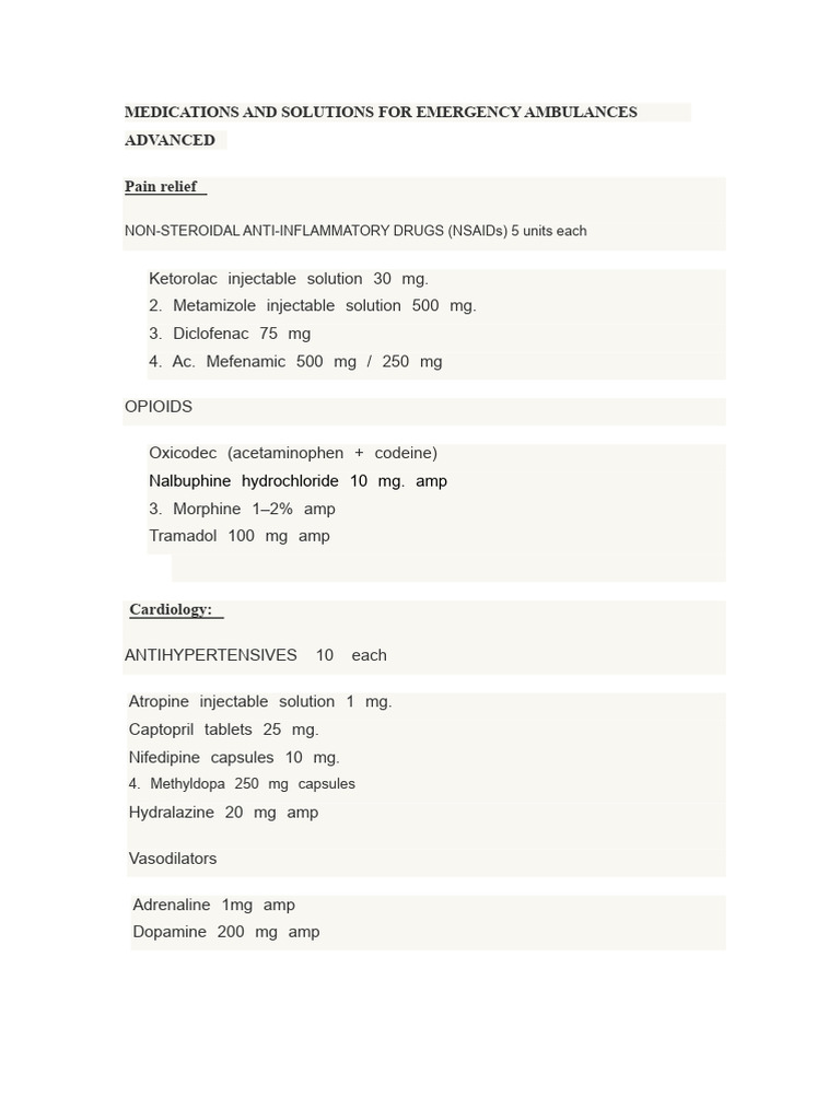 Emergency Ambulance Medications List | PDF | Analgesic | Medicine