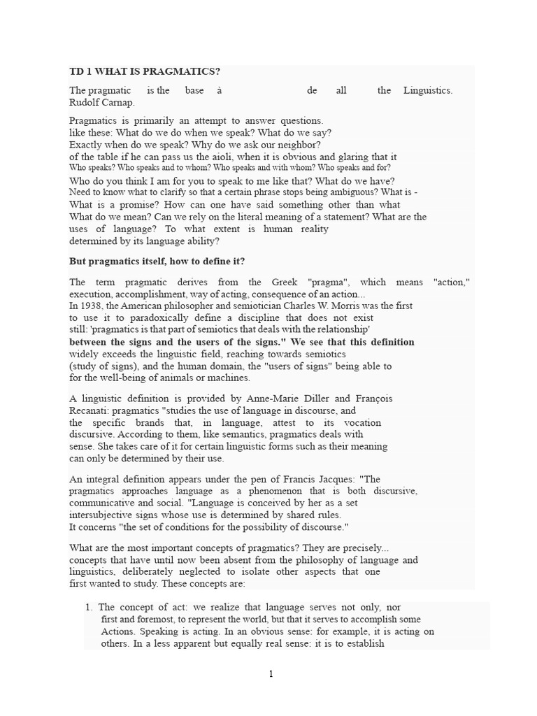 TD 1 Definition of Pragmatics | PDF | Discourse | Semantics