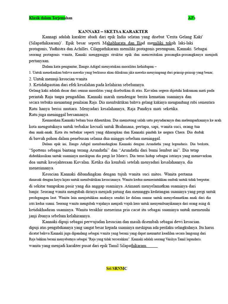 Karakter Kannaki dalam Silapathikaram | PDF