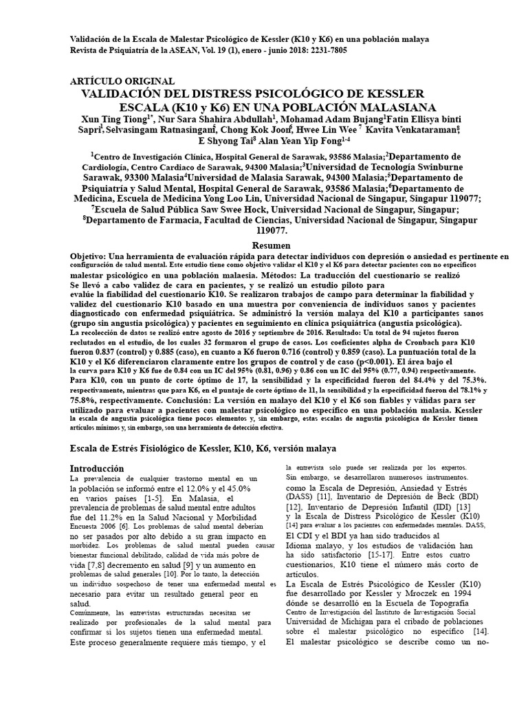La Escala de Malestar Psicológico de Kessler (K10) | PDF | Psiquiatría ...