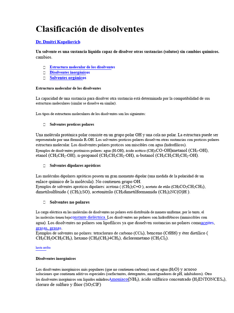 Clasificación de disolventes químicos | PDF | Polaridad química | Solvente