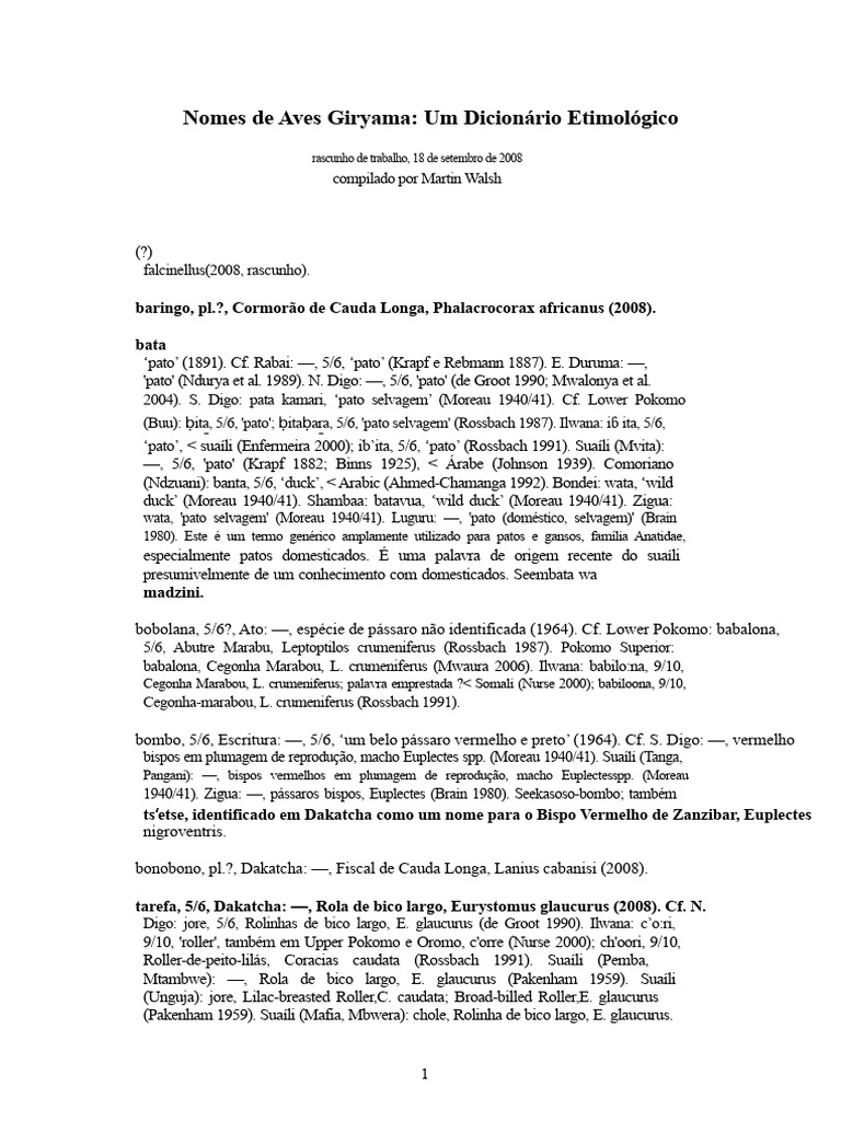 Nomes de Pássaros Giryama: Um Dicionário Etimológico (Rascunho) | PDF ...