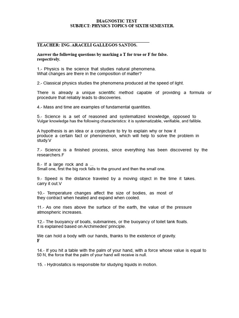 Sixth Semester Physics Diagnostic Test | PDF | Physics | Electric Current