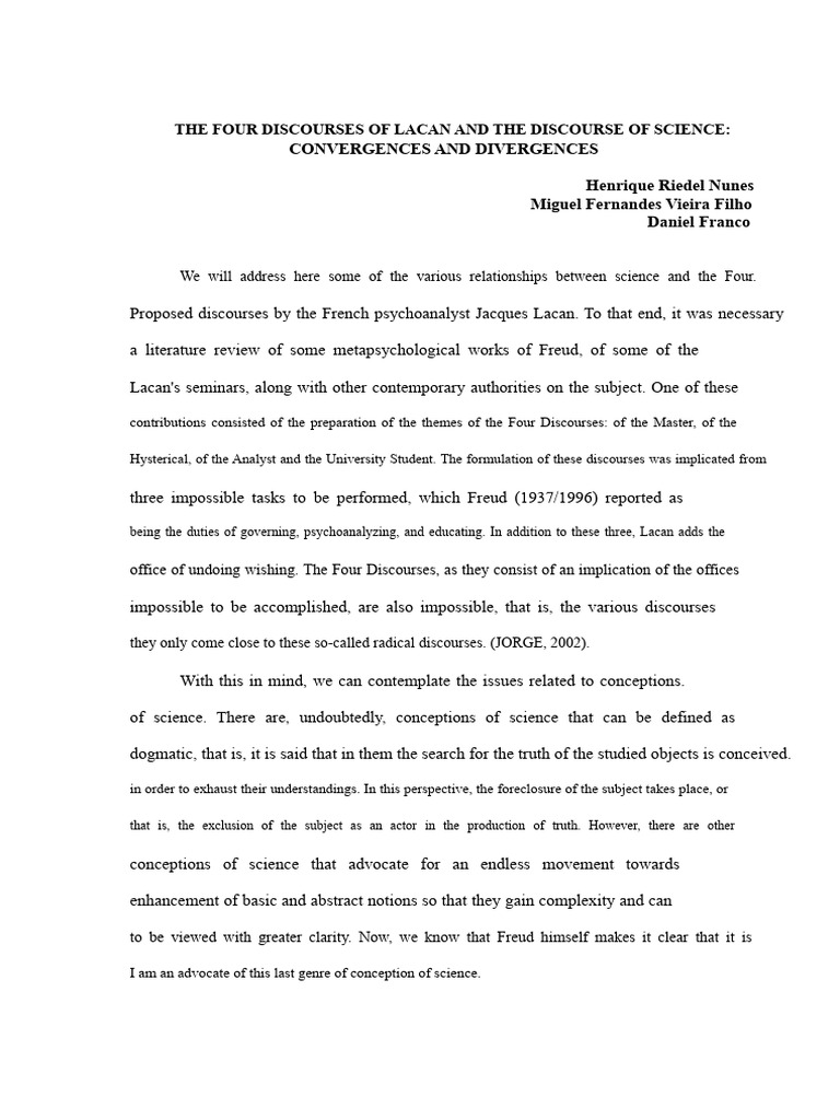 THE FOUR DISCOURSES OF LACAN AND THE DISCOURSE OF SCIENCE ...