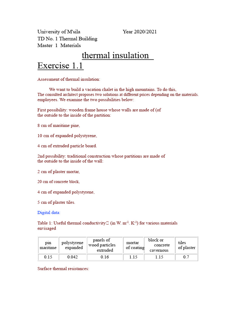 TD N°1 Thermal Building Mast 1 S1 Materials 2020 2021 Z.S | PDF ...