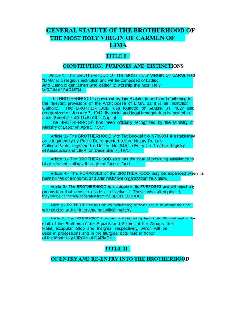 Statute of the Brotherhood of Carmen | PDF | Presidents Of The United ...