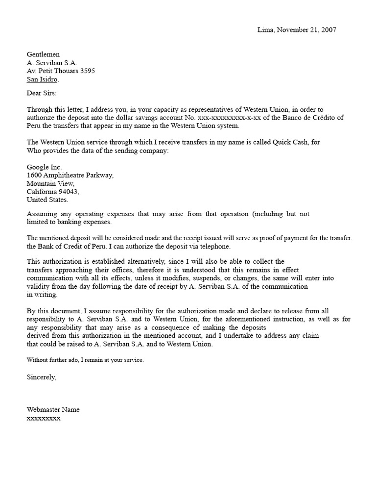 Western Union Letter From PeruPuntoCom | PDF