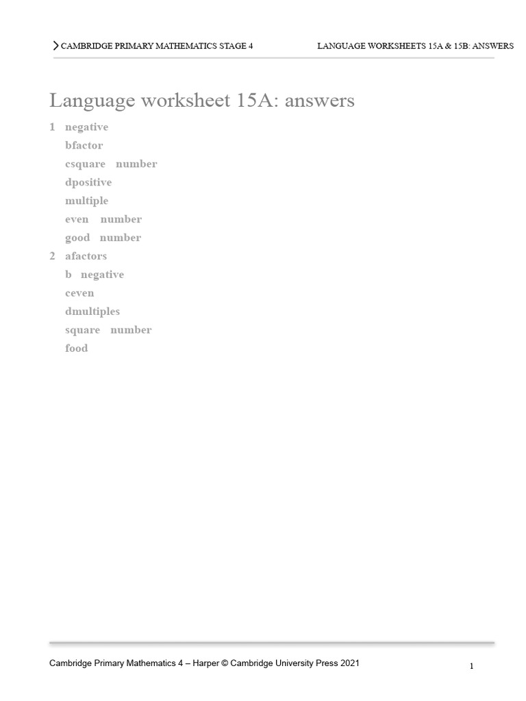 Prim Maths 4 2nd Edition Translation Language Worksheet Answers 15 | PDF