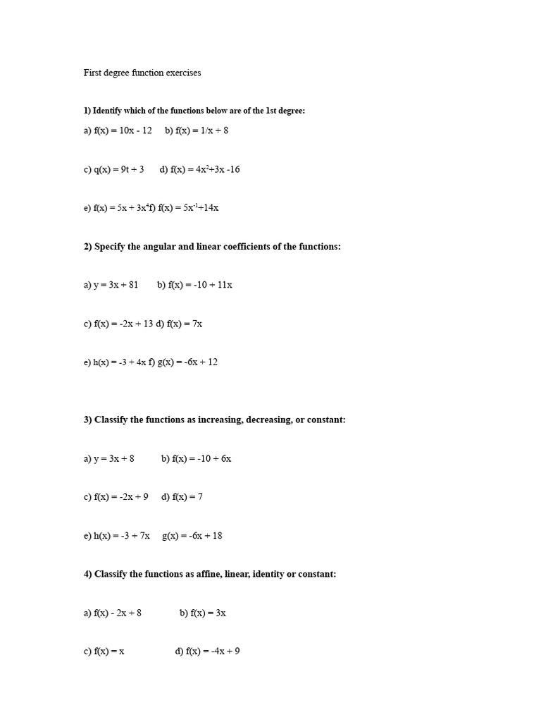 First Degree Function Exercises and Problems | PDF | Function ...