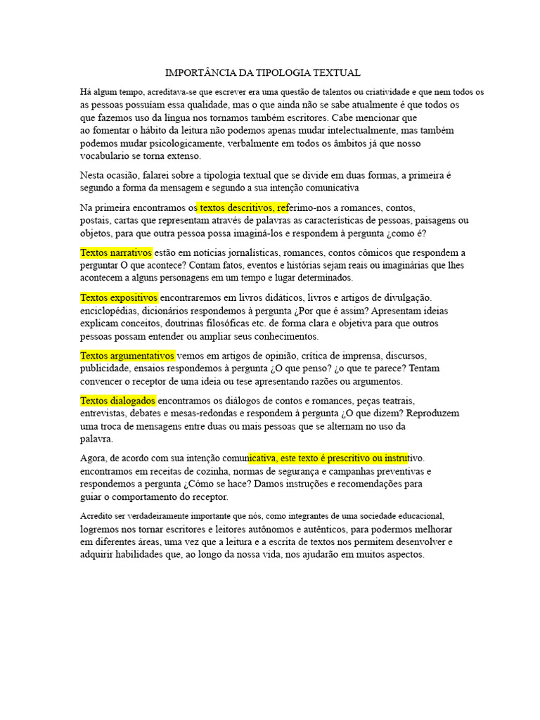 IMPORTÂNCIA DA TIPOLOGIA TEXTUAL | PDF