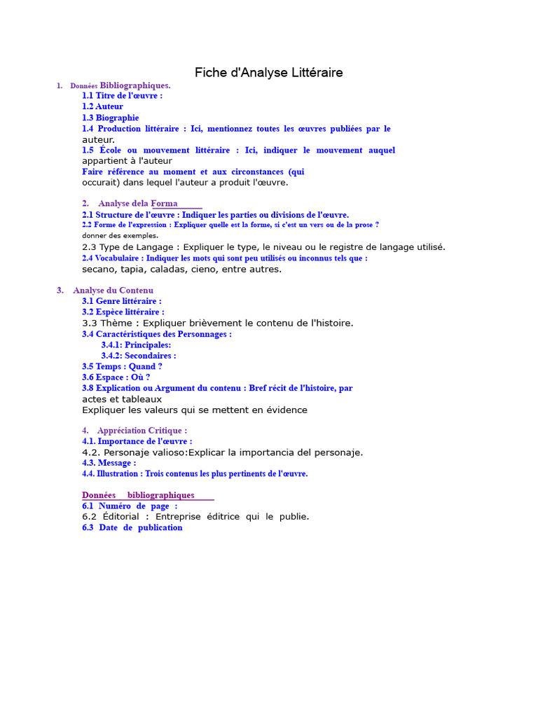 Fiche D'analyse Littéraire | PDF