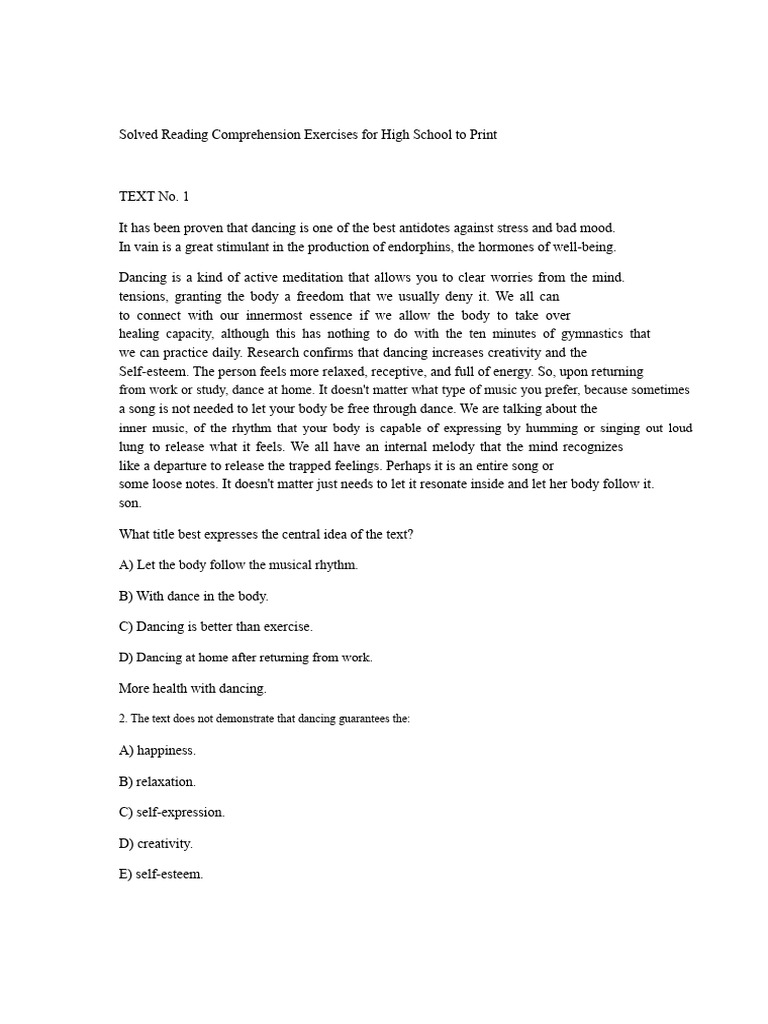 Resolved Reading Comprehension Exercises For High School To Print | PDF | Semantics | Blood