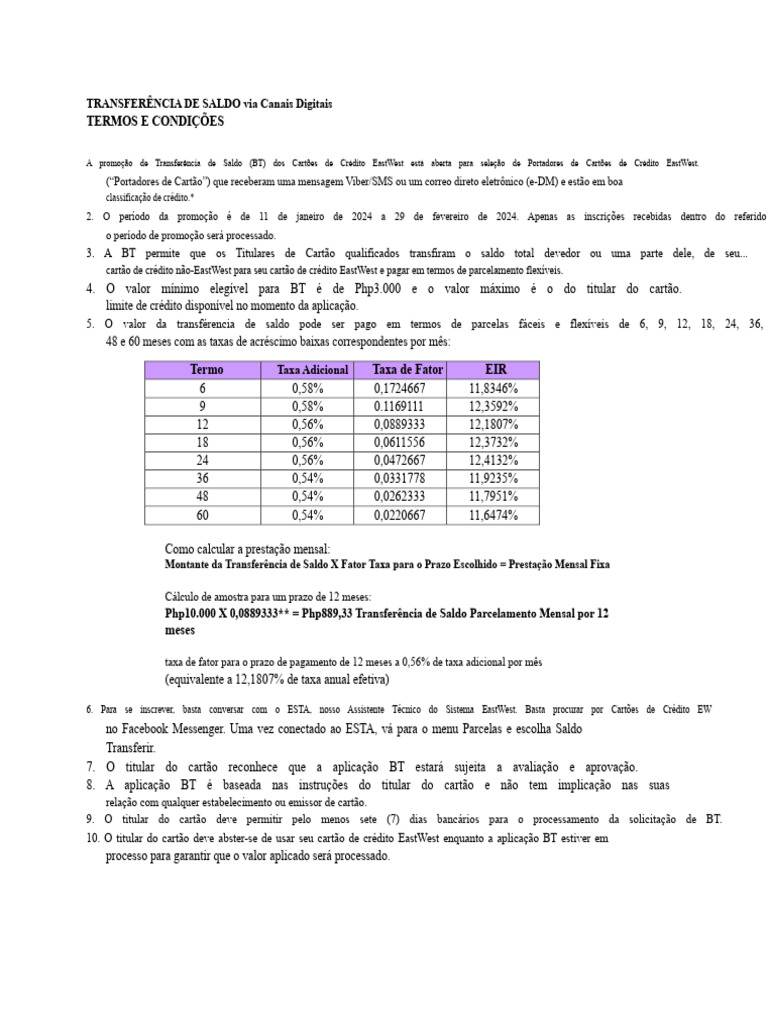 Transferência de Saldo - 0,54% em 60 Meses | PDF | Cartão de crédito ...
