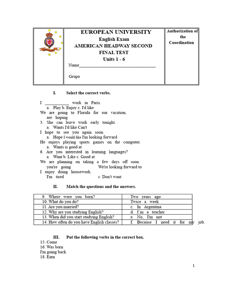American Headway 2 Final Test Units 1-6 | PDF | Linguistics
